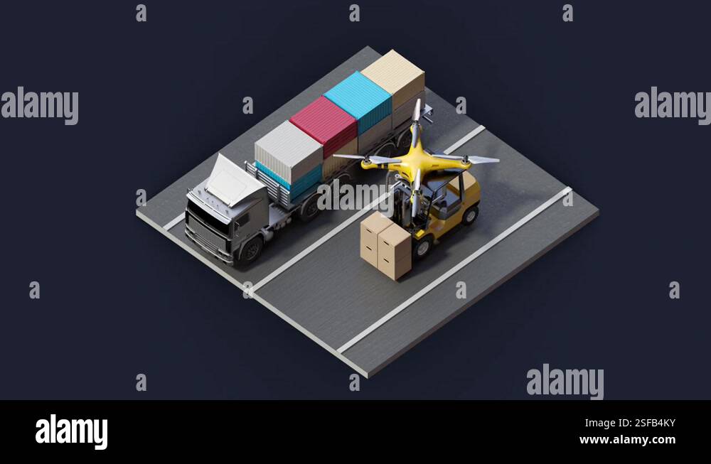 Large logistics trucks, forklifts and flying drones deliver logistics ...