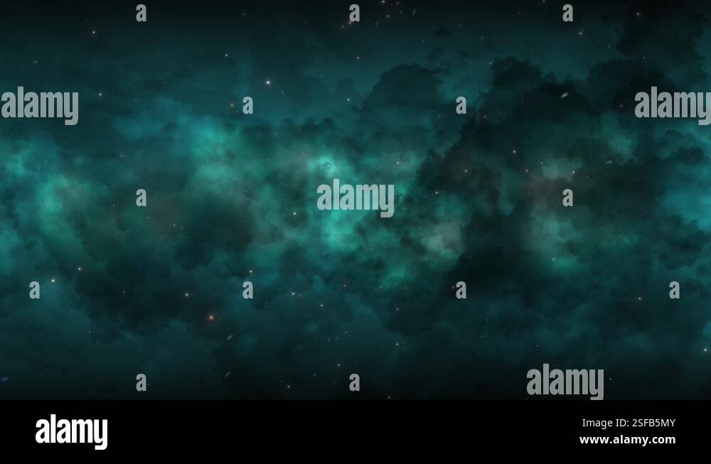 CGI universe zoom through of stars in striped light blue cloudy nebula ...