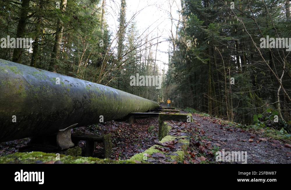 Man walking next to a used and old pipeline, unsettling post apocalypse ...