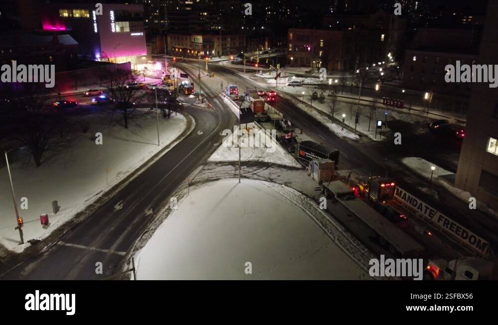 Aerial Over Freedom Truck Convoy Blockade In Ottawa At Night On January ...