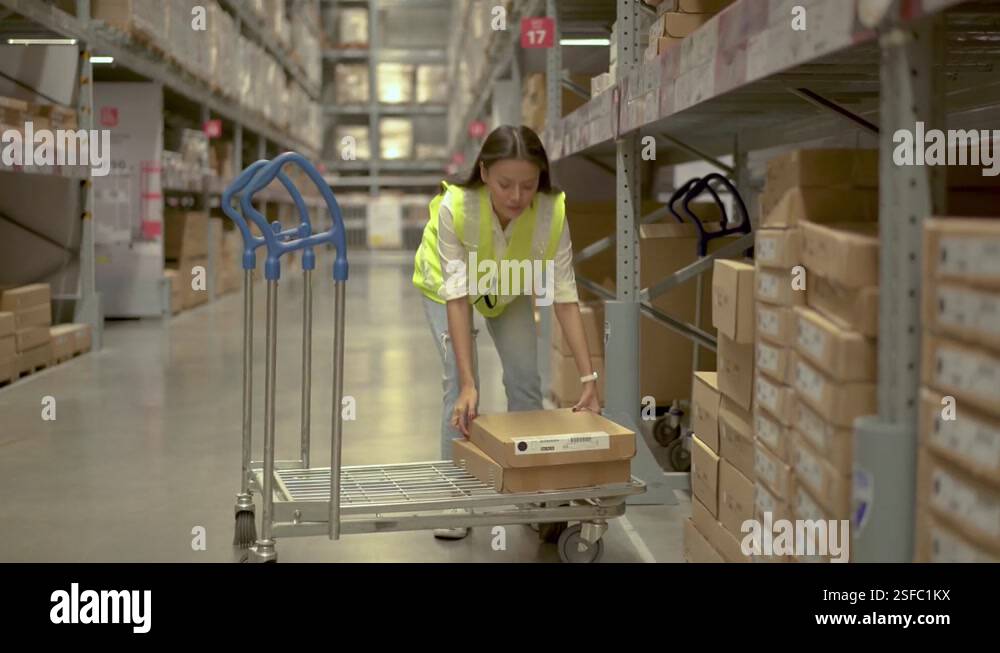 Employee female warehouse worker working in inventory with stacked up ...