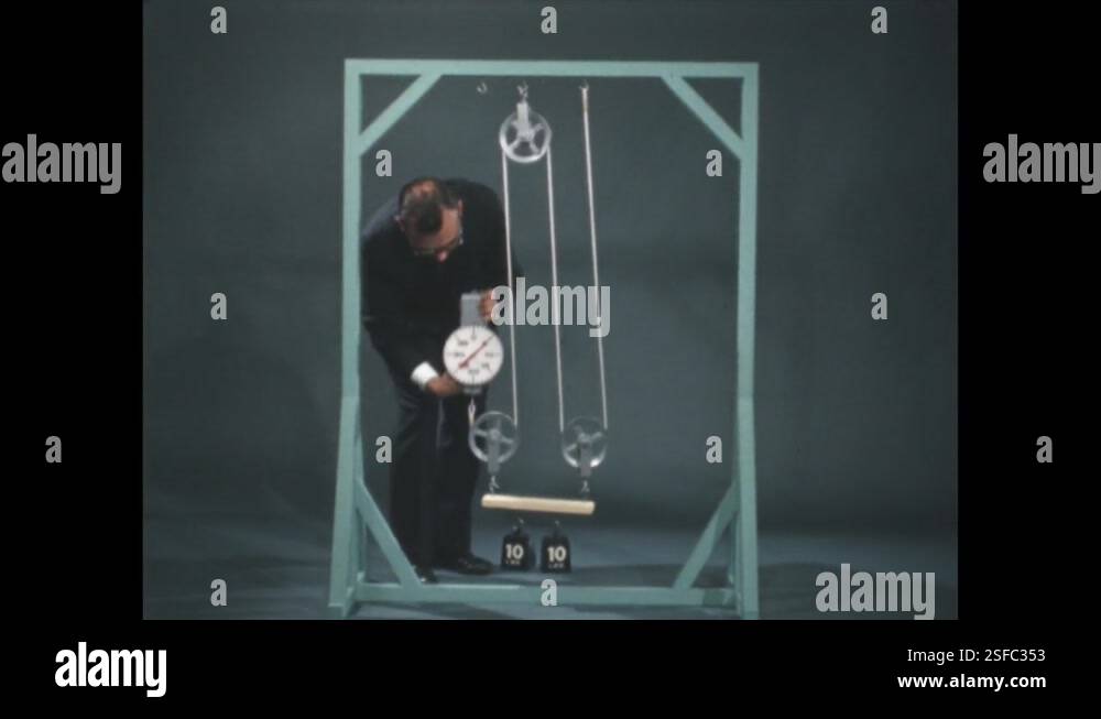 1960s: Man has a compound pulley system, with three pulleys, two 10 ...