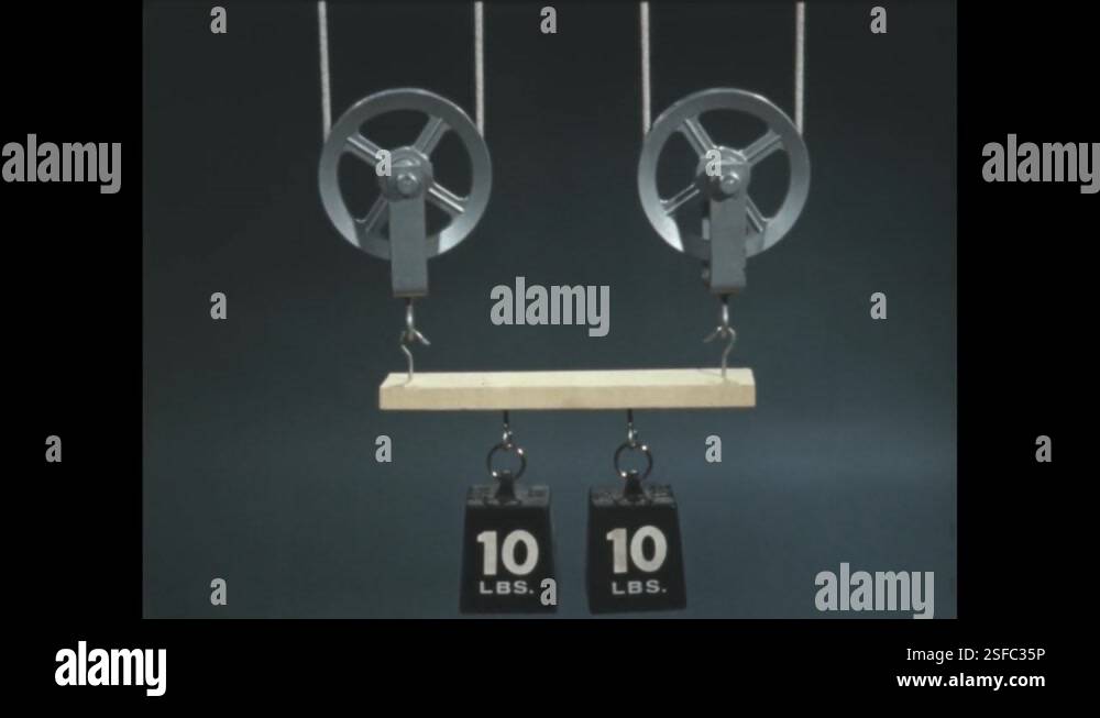 1960s: Two ten pound weights hanging from a board, attached to two ...
