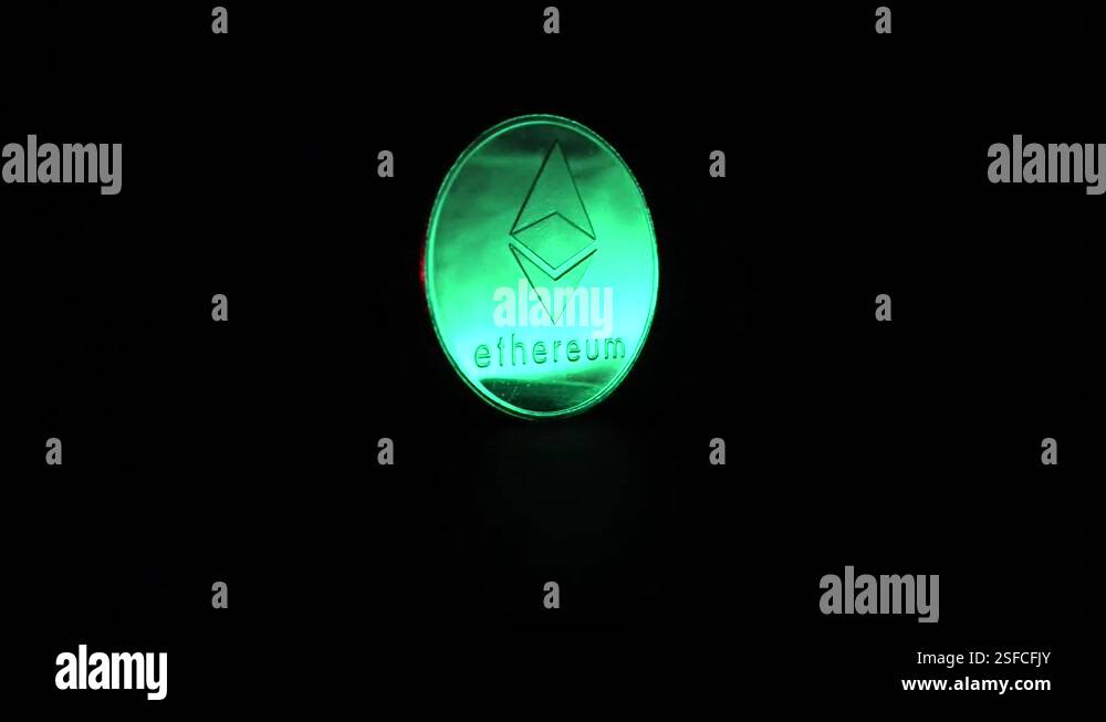 Silver Ethereum Coin Red Green Light Black Background 4K 60 FPS Slow ...