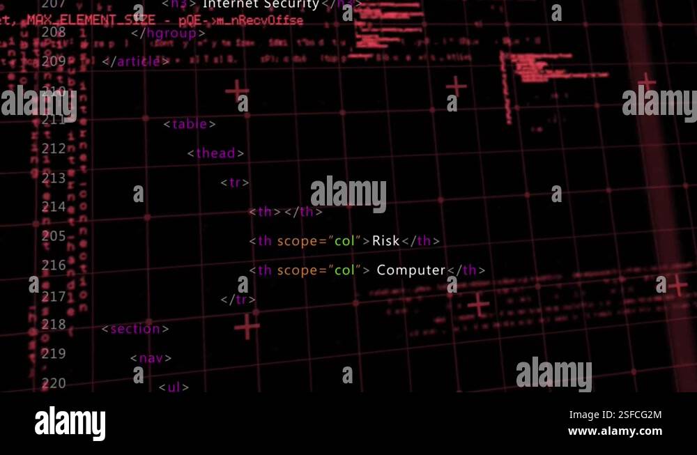 Animation of warning text, binary coding and data processing over grid ...