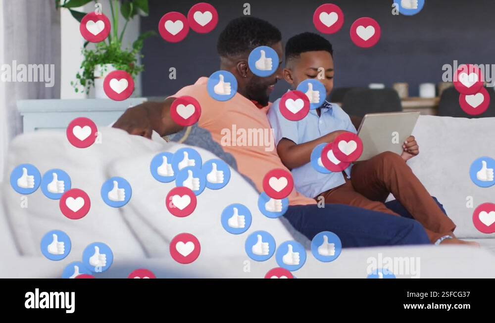Animation of social media icons over happy african american father and ...