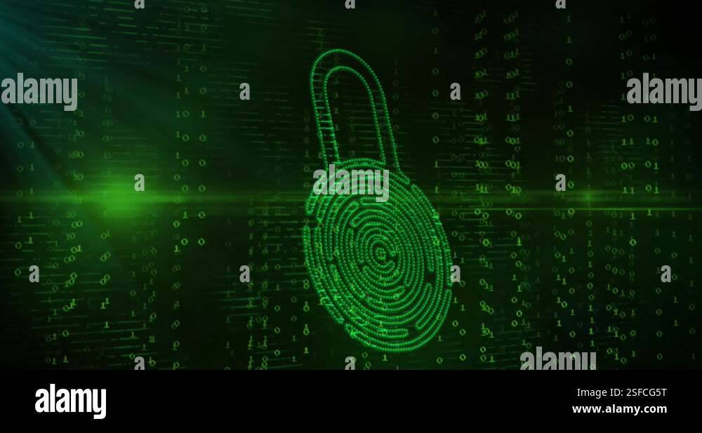 Animation of online biometric fingerprint security padlock, binary ...