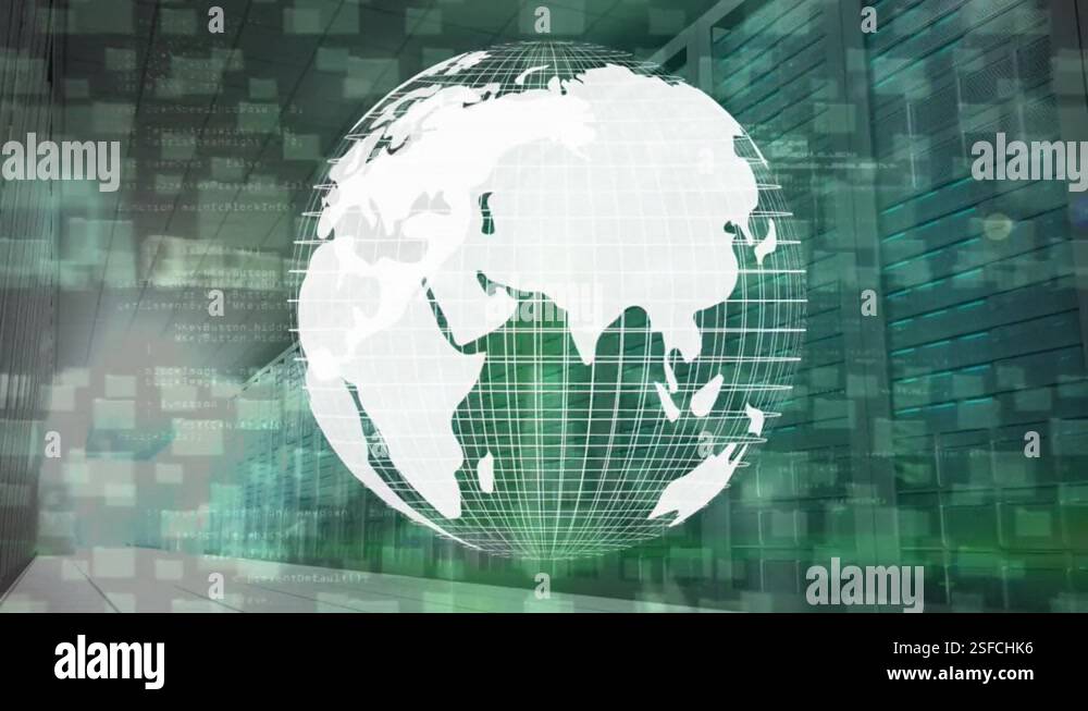 Animation of globe rotating over binary code and servers in green space Stock Video Footage - Alamy