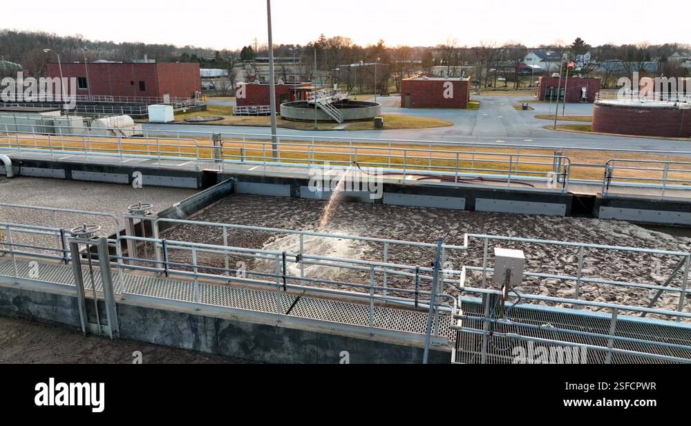 American sewage water treatment facility plant in USA. Spray in ...