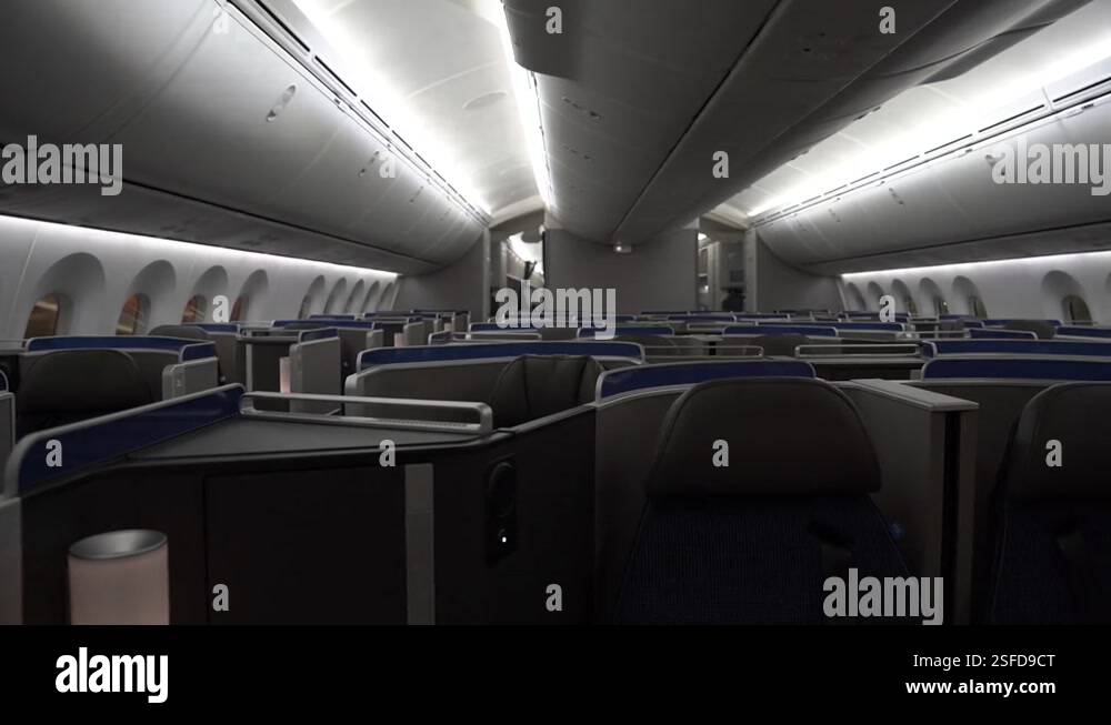 Dolly across first class cabin of a 787 commercial passenger airplane ...