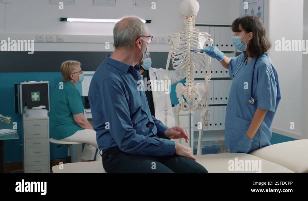 Female specialist pointing at spinal cord on human skeleton Stock Video ...