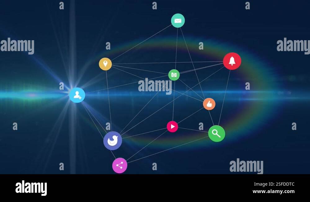 Network of digital icons against spot of light and lens flare against ...