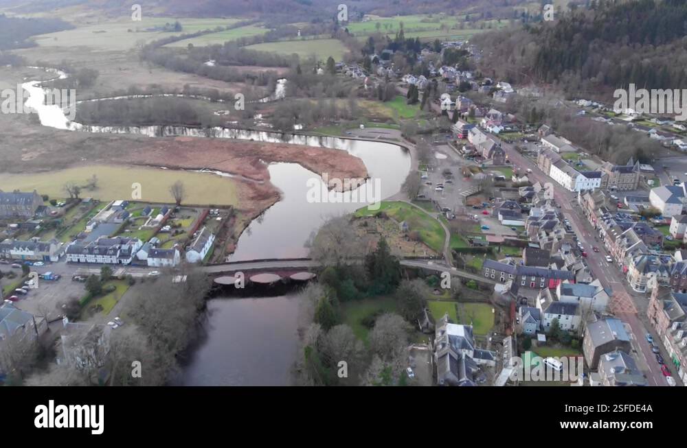 Drone footage. Flying over river Teith and the town of Callander Stock ...