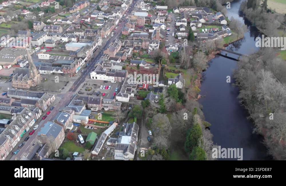 Drone footage. Flying over the town of Callander and river Teith Stock ...