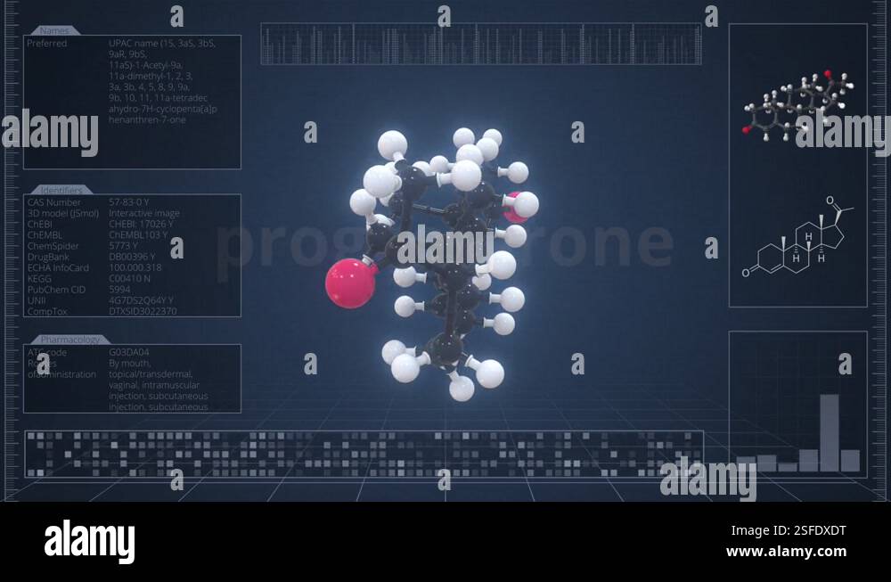 Molecule of progesterone with infographics on the computer monitor ...