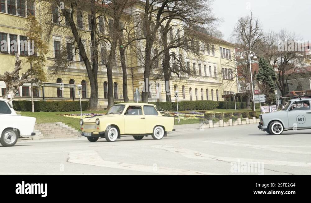 Convoy of Eastern European Trabant retro classic cars drive through ...