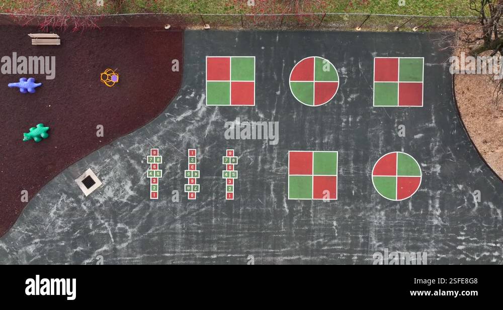 Playground for school recess. Hopscotch four square and riding animals ...