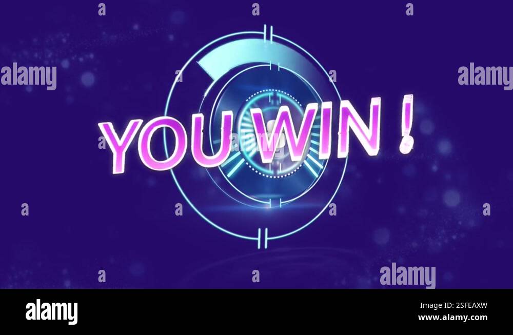 Animation of you win text over scope scanning and spots on blue ...