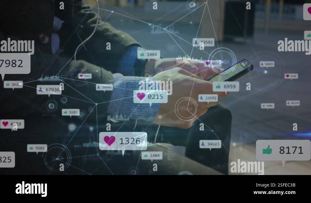 Animation of connections and social media reactions over hands of ...