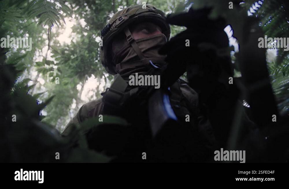 Commando sits in ambush in dense forest, with Kolashnikov assault rifle ...