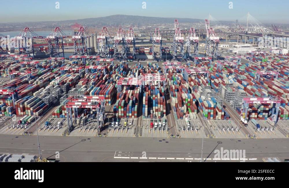 Cargo containers in busy port, aerial. Drone shot. Shipping harbor ...