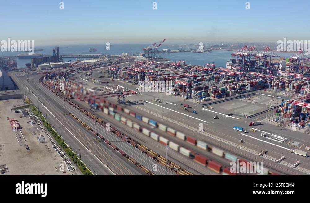 Cargo containers in busy port, aerial. Drone shot. Shipping harbor ...