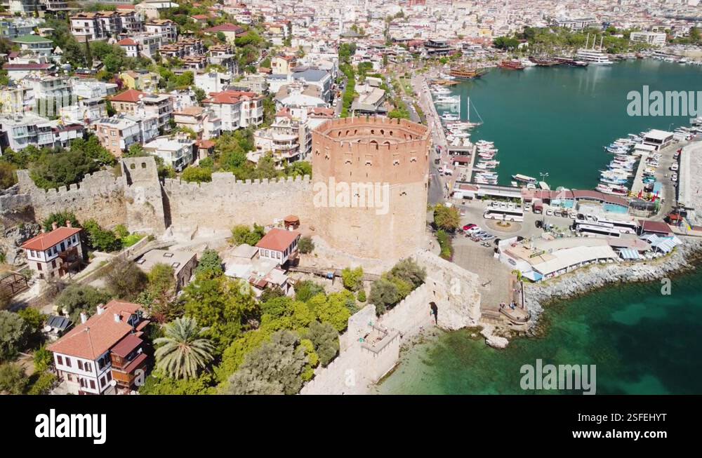 The Kizil Kule (Red Tower) and Alanya Marina in Turkey Stock Video ...