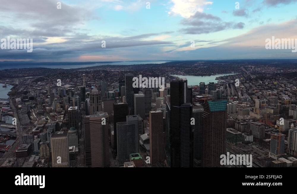 Ultra wide aerial perspective of Seattle's skyscrapers with Lake Union ...