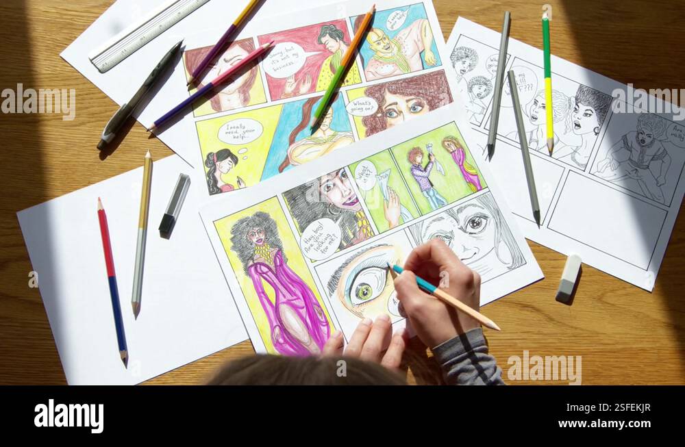 The artist draws comic book characters on paper Stock Video Footage - Alamy