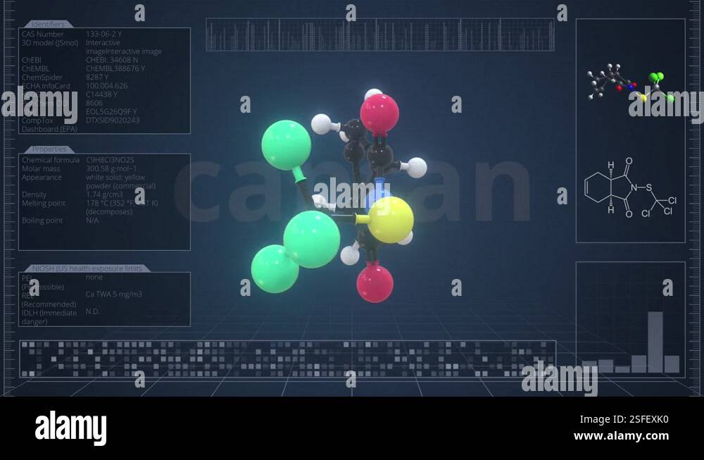 Overview of the molecule of captan on the computer screen. Loopable 3d ...