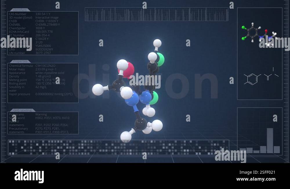 Overview of the molecule of diuron on the computer screen. Loopable 3d ...