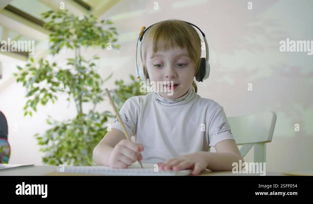 Cute Kid Girl Artist Playing Alone Drawing Picture With Pencils ...