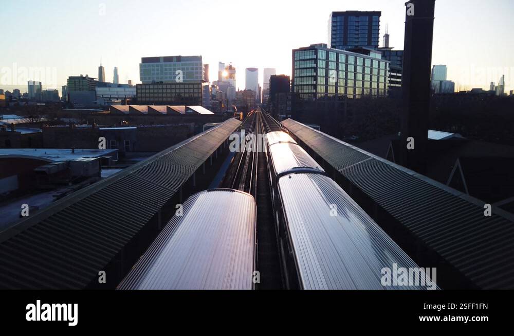 Sunrise Over City Of Chicago Subway Station With Two Trains Stock Video ...