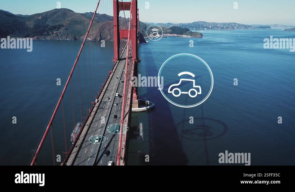 Autonomous self driving cars on the Golden Gate Bridge, digital HUD ...