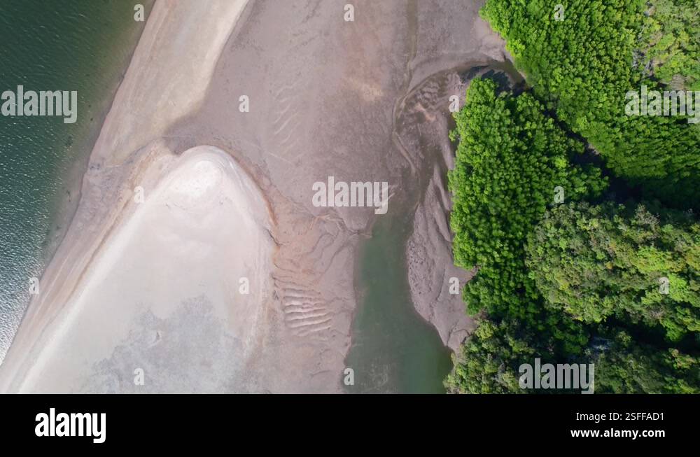 drone aerial top down view of a river during low tide revealing a ...