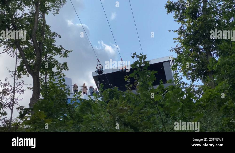 people on the attraction ride down the cable bungee Stock Video Footage ...