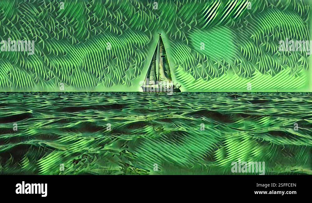 Low angle sea level animation of small yacht boat sailing in calm open ...