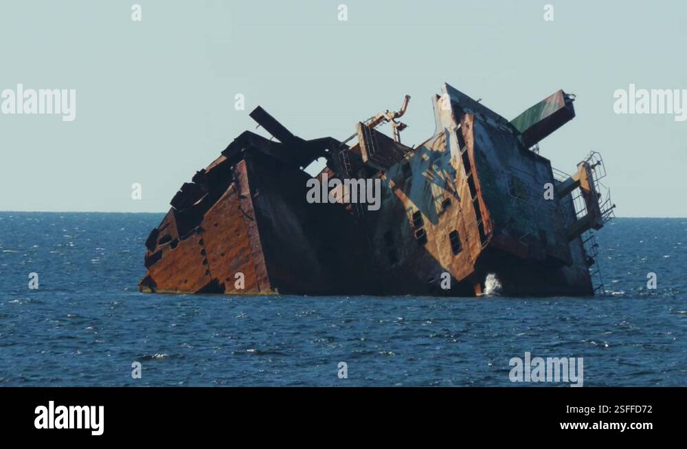 Wrecked cargo ship in sea. Freighter is stranded Stock Video Footage ...