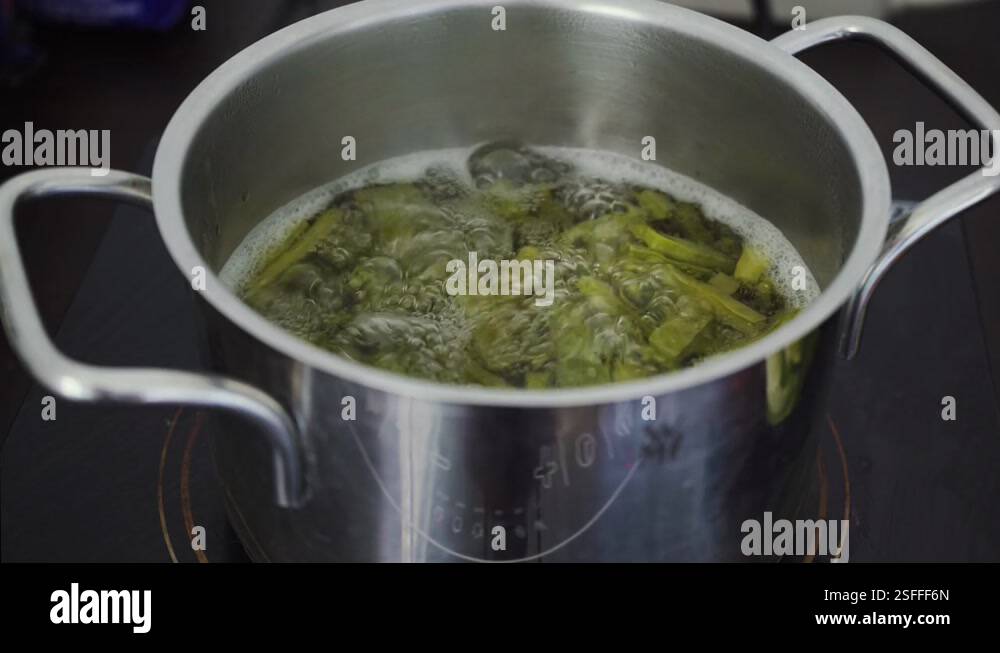 Cactus food cooking in a pan of boiling water. A traditional native ...