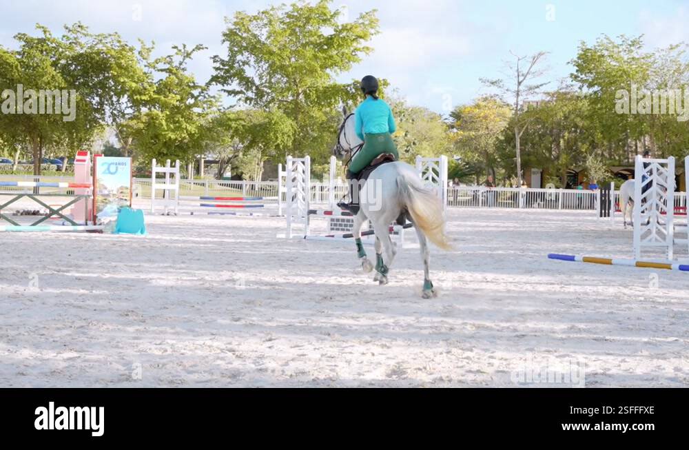 Back view of jockey riding white horse and jumping hurdle, Cap Cana ...