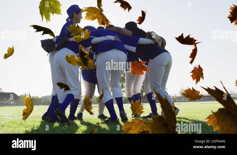 Multiple leaves icon floating against team of male baseball players ...