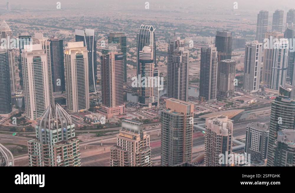 JLT and Dubai marina skyscrapers near Sheikh Zayed Road aerial day to ...