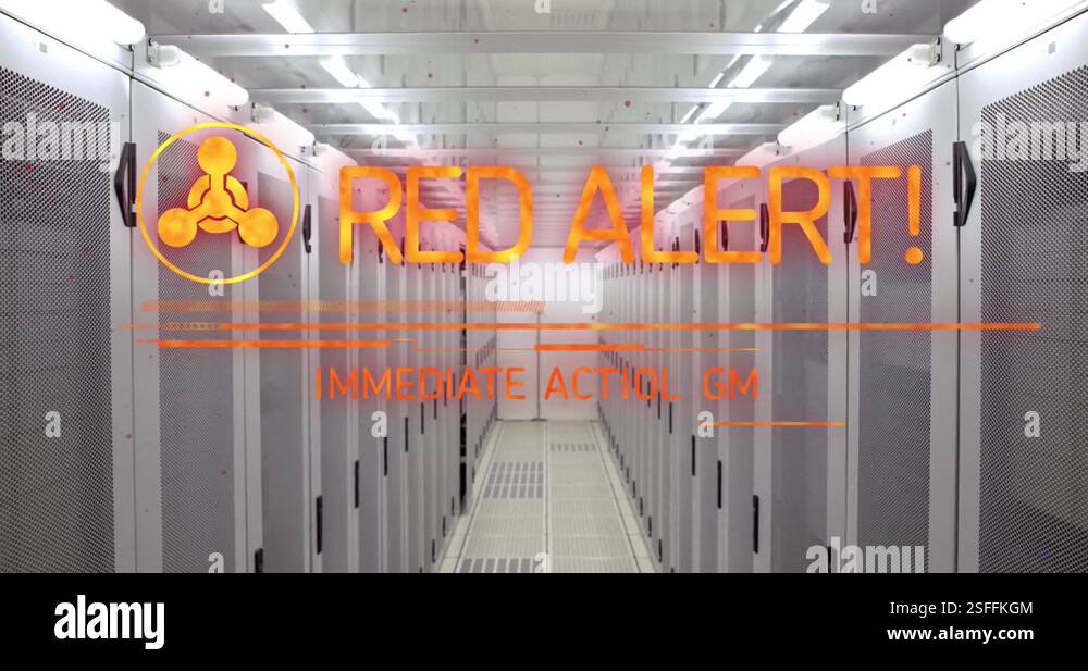 Animation of red alert text and symbol over server room Stock Video ...