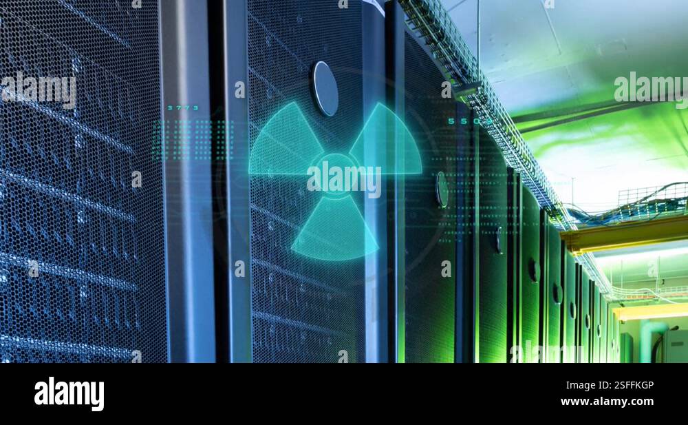Animation of nuclear symbol over data processing and server room Stock ...