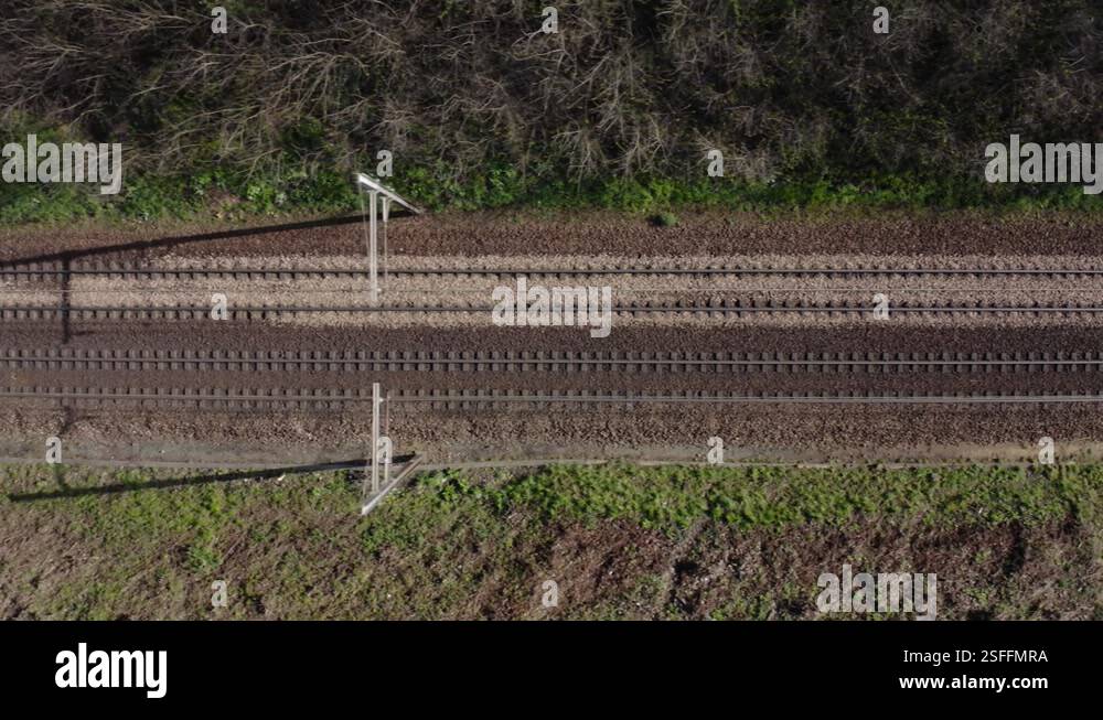 Railway track in a coniferous forest. Railroad Aerial Top View Stock ...