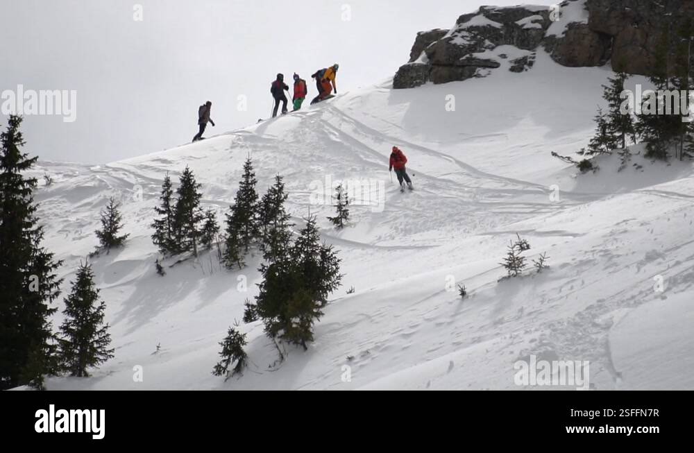 Freeride snowboarding, skiing downhill through fresh powder snow among ...