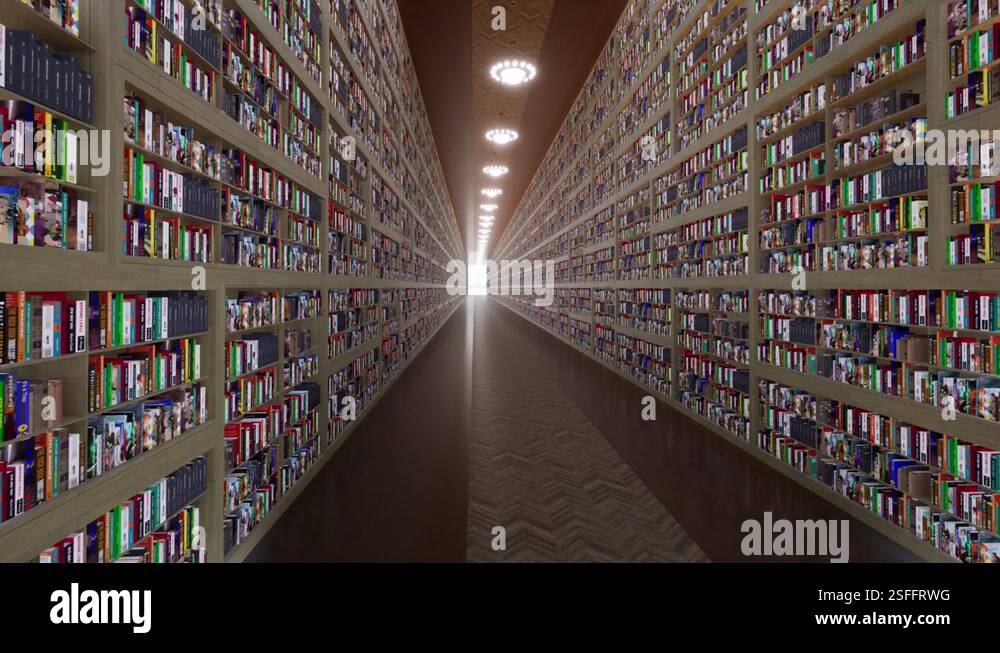 Long library corridor with bookcases and thousands of books, wood floor ...