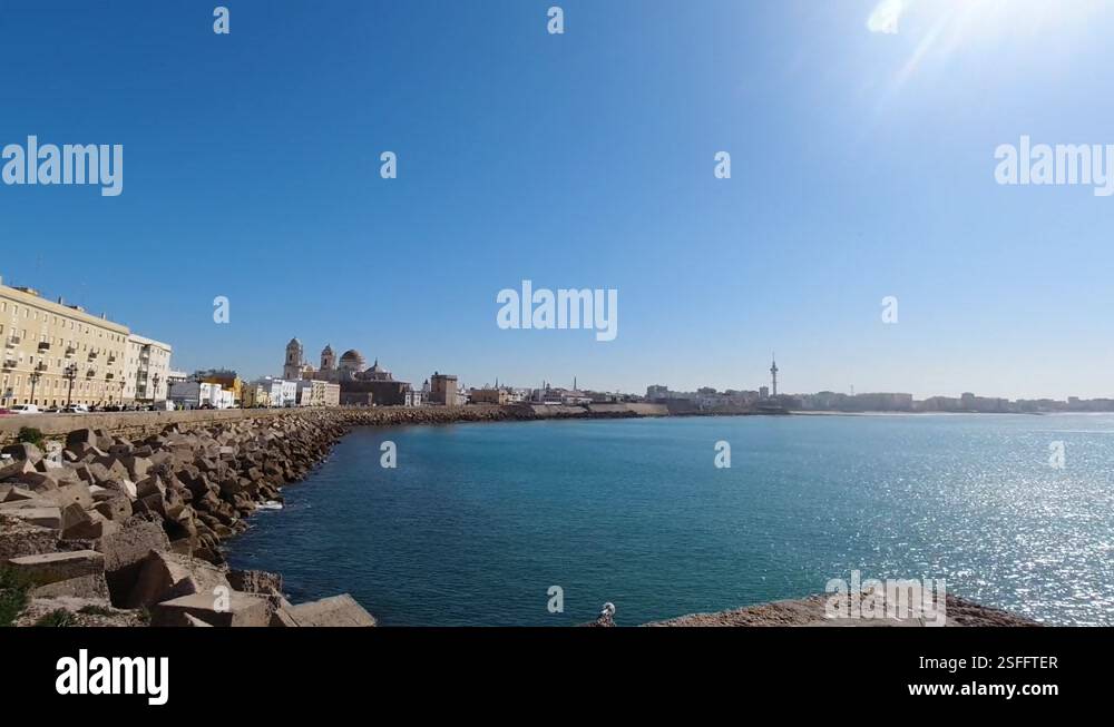 Wide open view towards famous Cathedral in Cadiz with beautiful blue ...