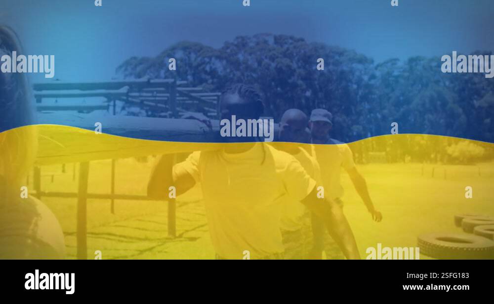 Animation of diverse soldiers during training over flag of ukraine ...