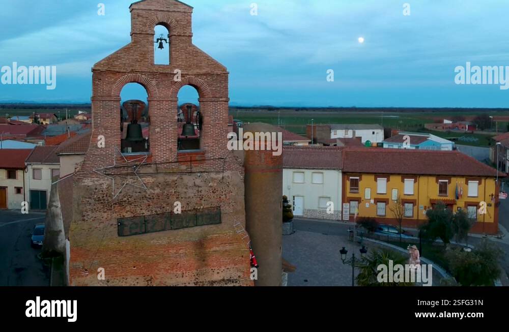 Monument with bells in Villar de Mazarife, small Spanish village on the ...